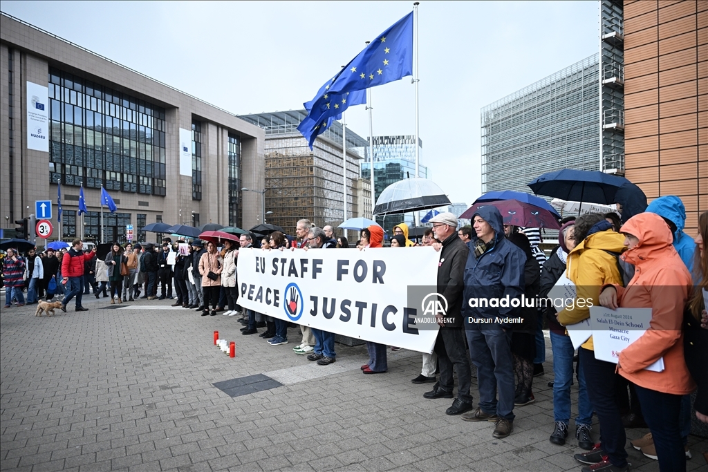 European Union (EU) employees protest the one-year anniversary of ...